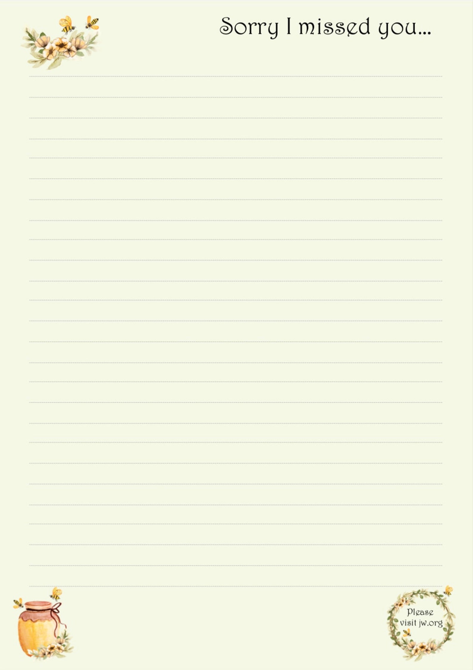 JW 'sorry I Missed You...' Little Printable Writing A4 Paper Templates ...