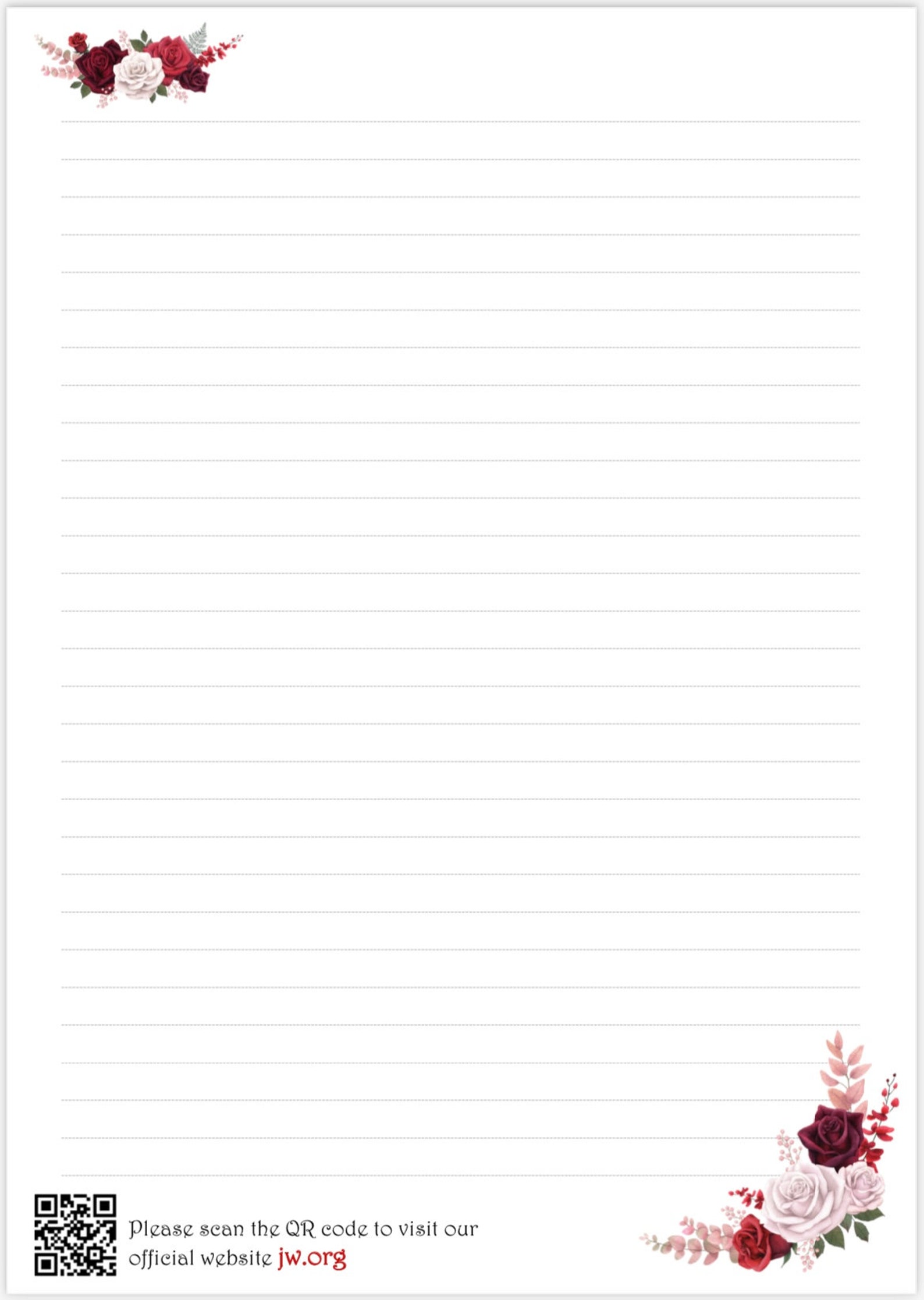 JW Letter Writing Templates With a Red Roses Design Lined Unlined With ...