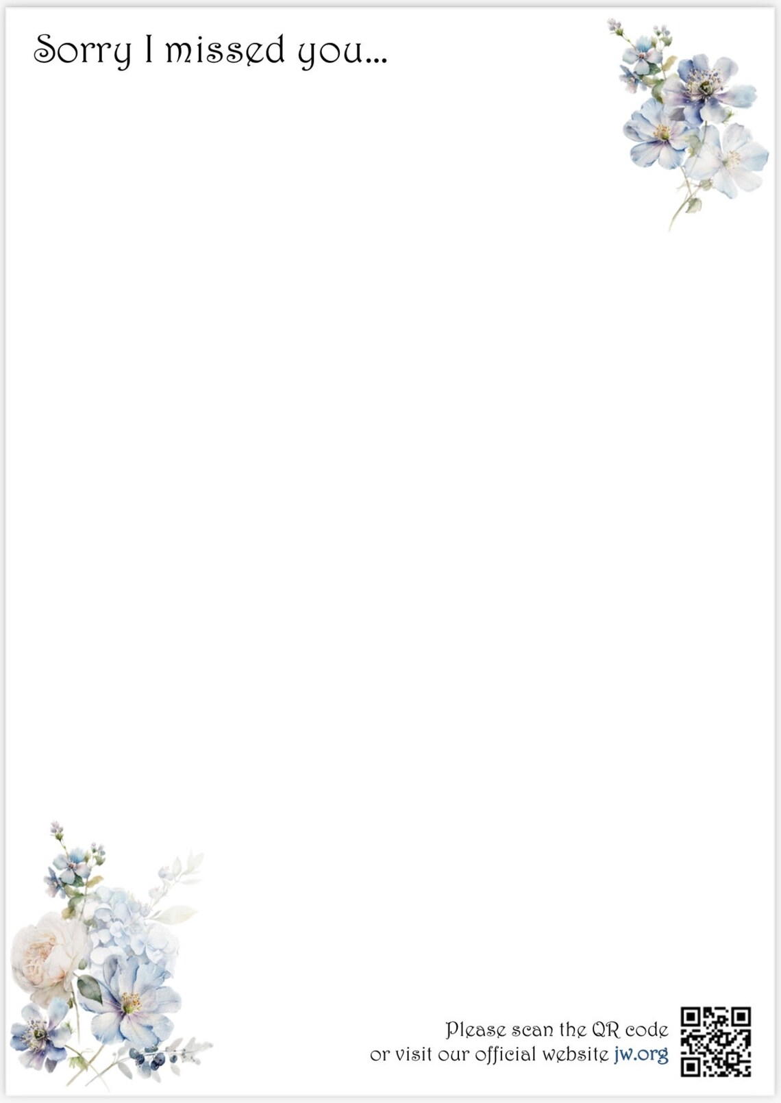 JW 'sorry I Missed You...' Printable Letter Writing Templates A4 Paper ...