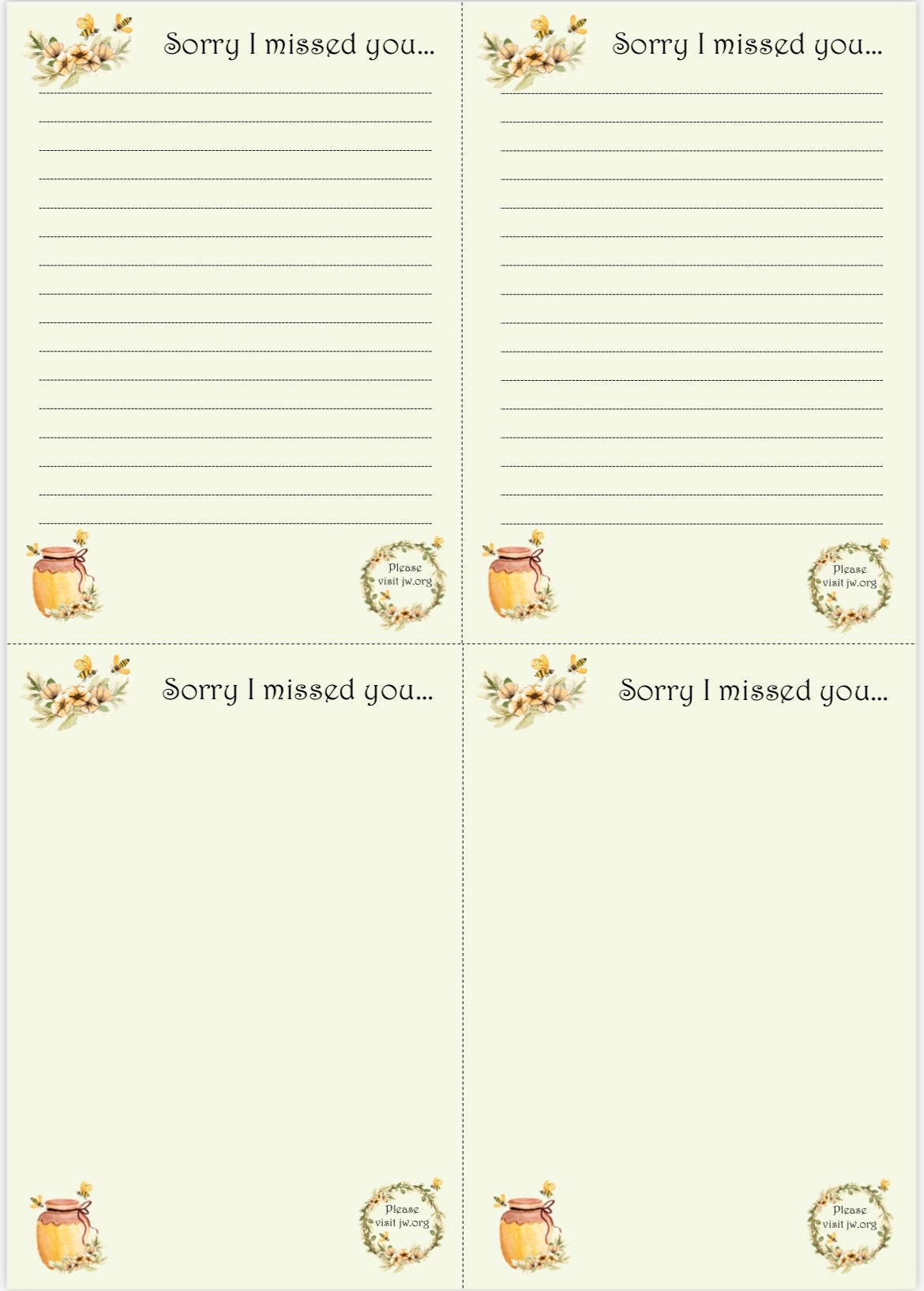 JW 'sorry I Missed You...' Little Printable Writing A4 - Etsy UK