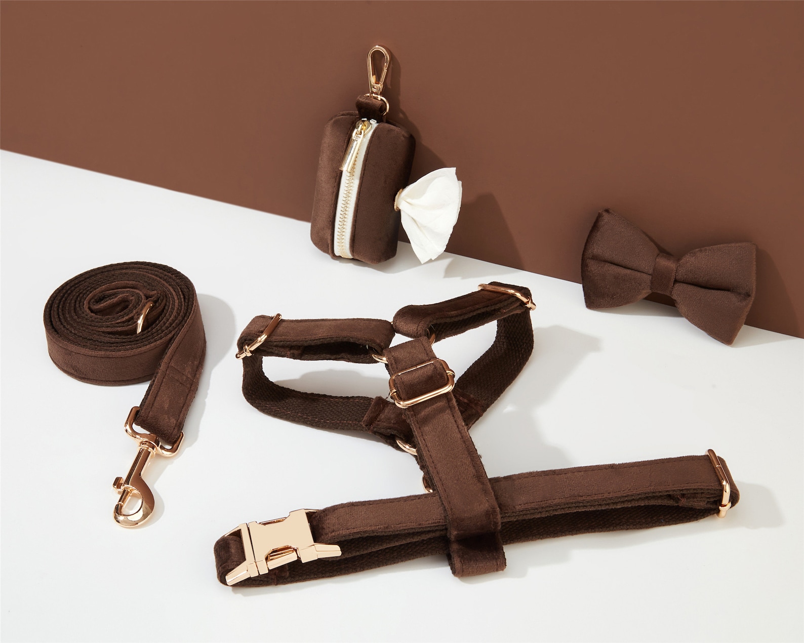 Chocolate Velvet Dog Harness and Leash Set, Personalize Step in Puppy ...