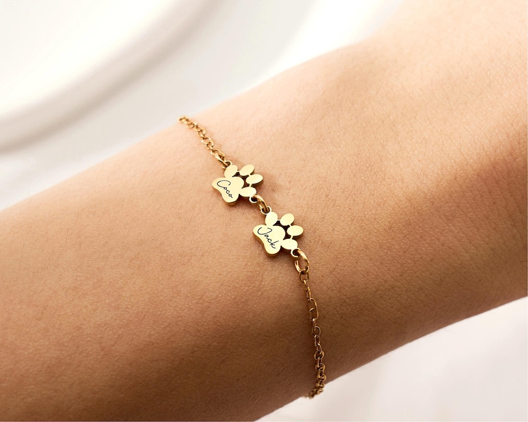 Personalized Paw Print Bracelet, Custom Pet Name Bracelet, Minimalist ...