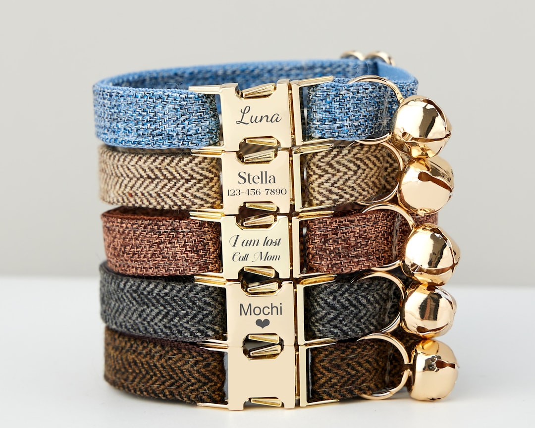 Tweed Fabric Cat Collar Bow Tie Set Blue+brown+grey,personalized ...