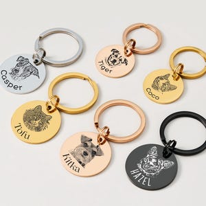 Engraved Pet Portrait Keychain, Personalized Dog and Cat Memorial Tag ...