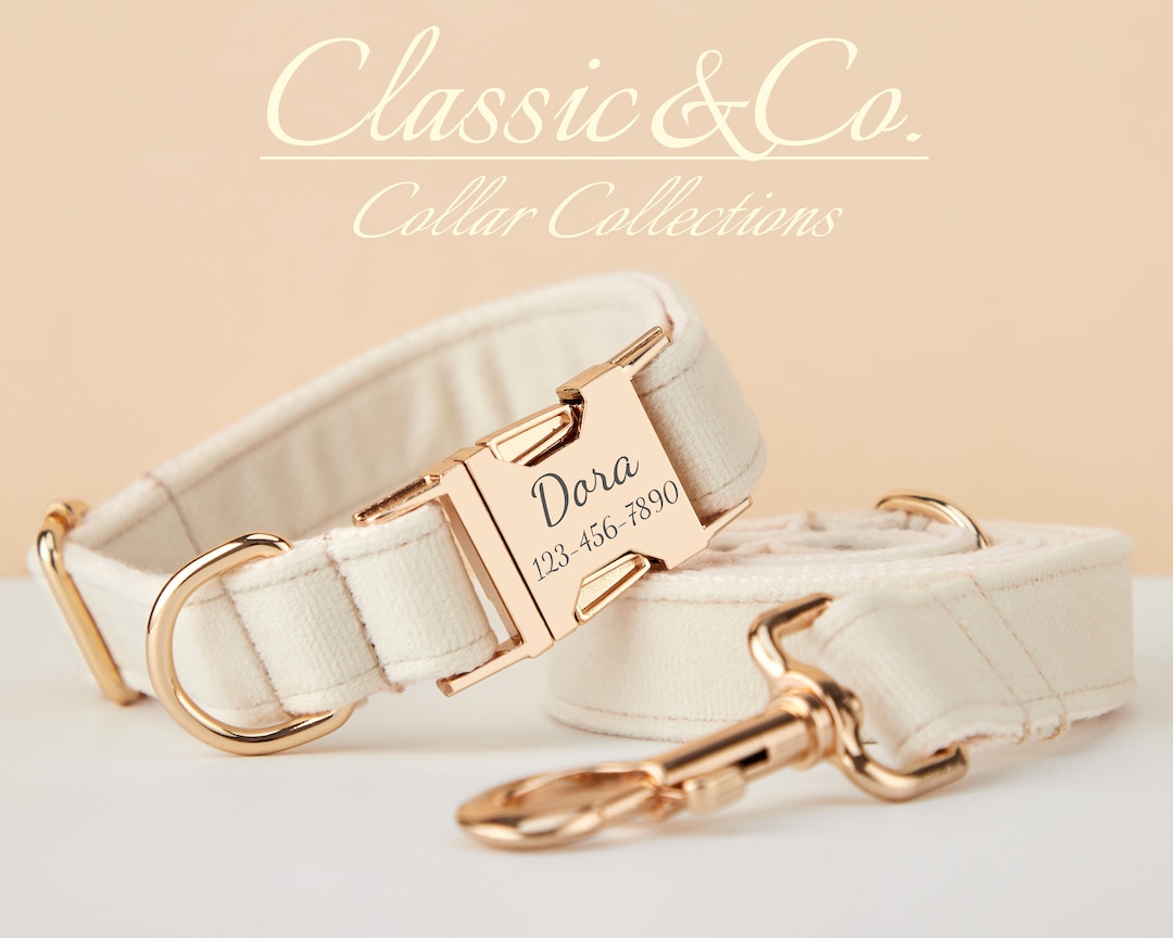 Cream Velvet Personalized Dog Collar Bow Tie Leash Set,custom Engraved ...