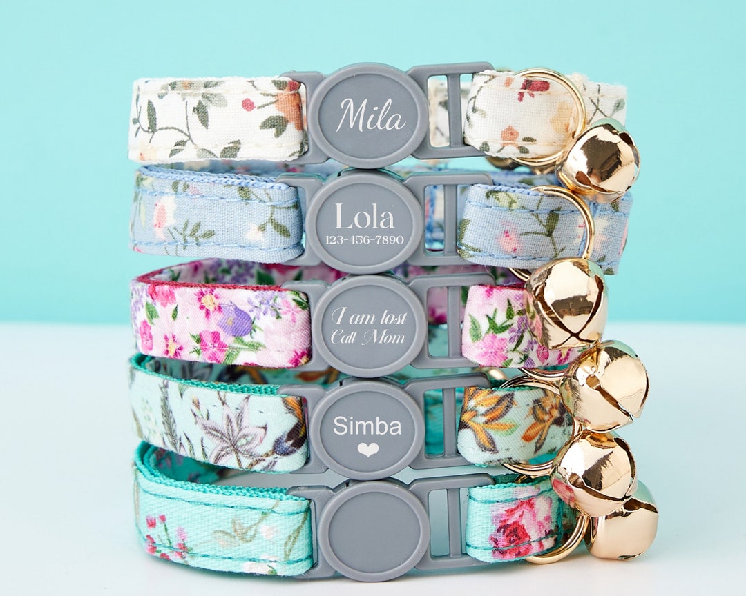 Breakaway Colorful Floral Personalized Cat Collar Bowtie Leash Set ...