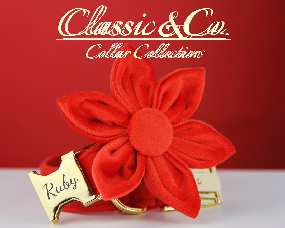 Red Velvet Personalize Dog Collar Leash Set Flower Bow for Small Medium ...