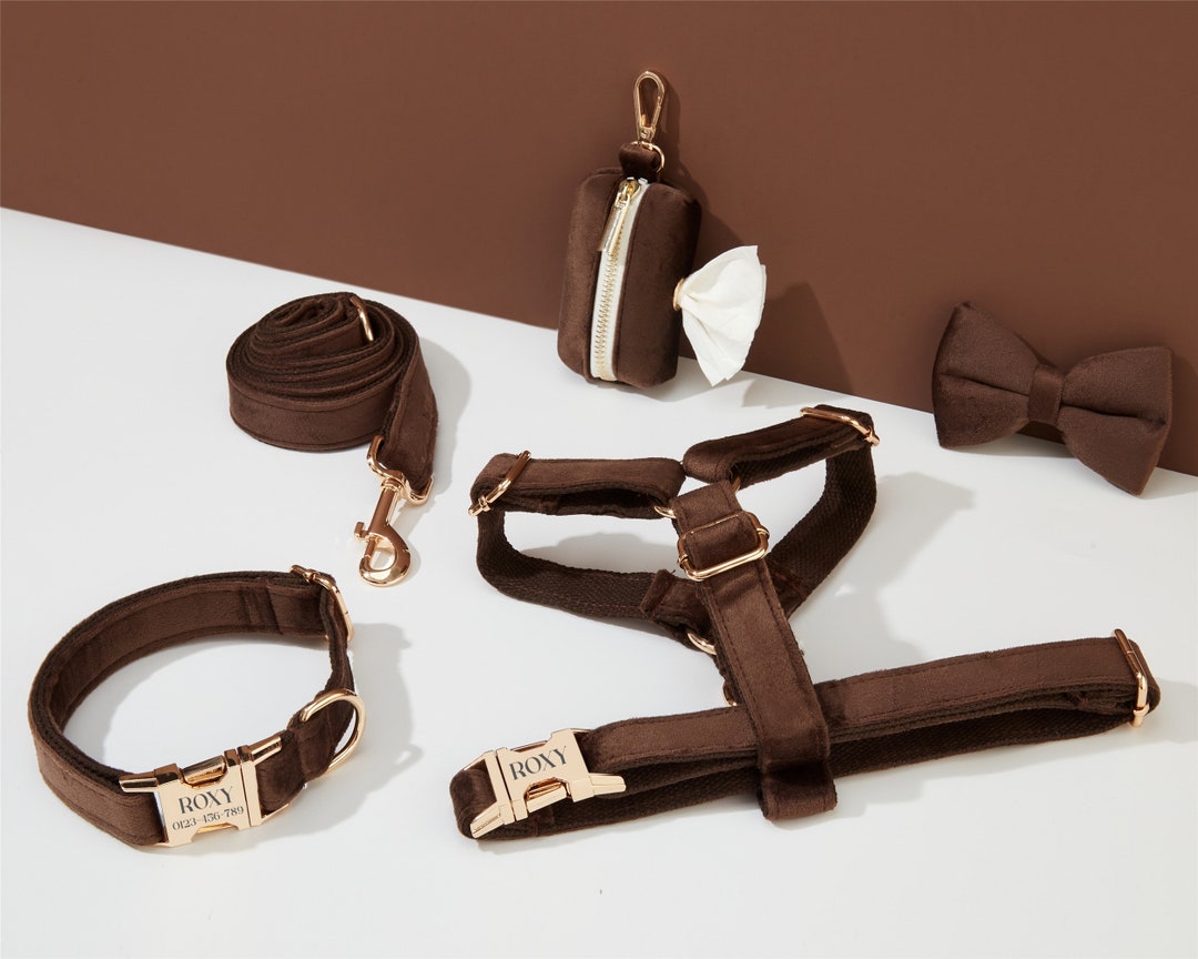 Chocolate Velvet Dog Harness and Leash Set, Personalize Step in Puppy ...