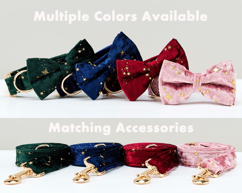 Multiple Colour Velvet Personalized Dog Collar and Leash With Bow, Pink ...