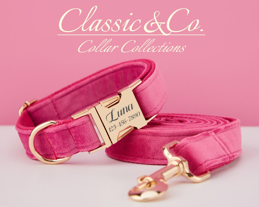 Peach Velvet Personalized Dog Collar Bow Tie Leash Set,custom Engraved ...