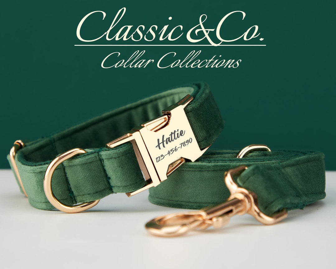 Forest Velvet Personalized Dog Collar Bow Tie Leash Set,custom Engraved ...