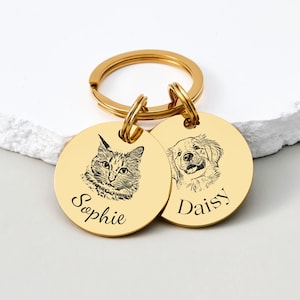 Engraved Pet Portrait Keychain, Personalized Dog and Cat Memorial Tag ...