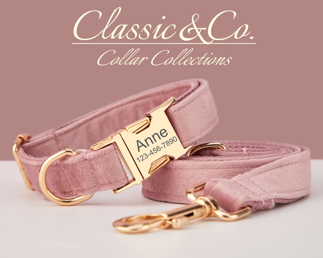 Dustypink Velvet Personalized Dog Collar Bow Tie Leash Set,custom ...