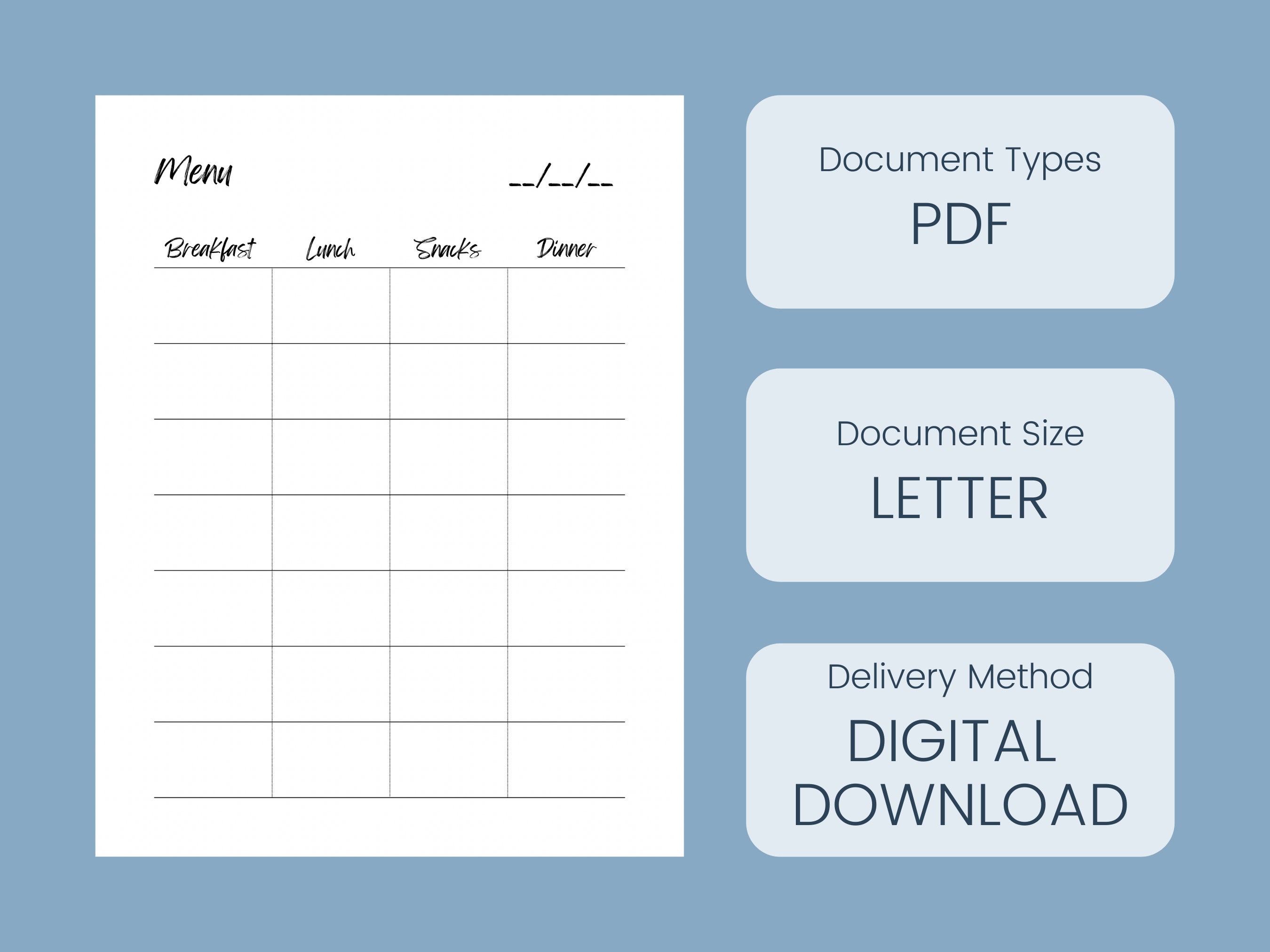 Printable Meal Planner - Weekly Menu - PDF - Digital Download - Etsy