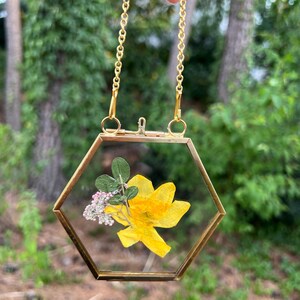 Hexagon Pressed Flower Frame, Yellow Daffodil Botanical Art, Hanging ...