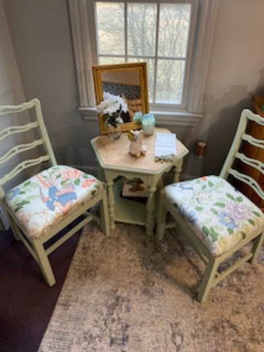 Two Upholstered Chairs Bird Chintz Fabric Vintage Hexagonal Wooden End ...