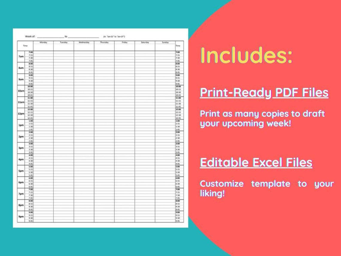 EDITABLE Weekly Planner 15 Min Interval - Weekly Hourly Calendar Agenda ...