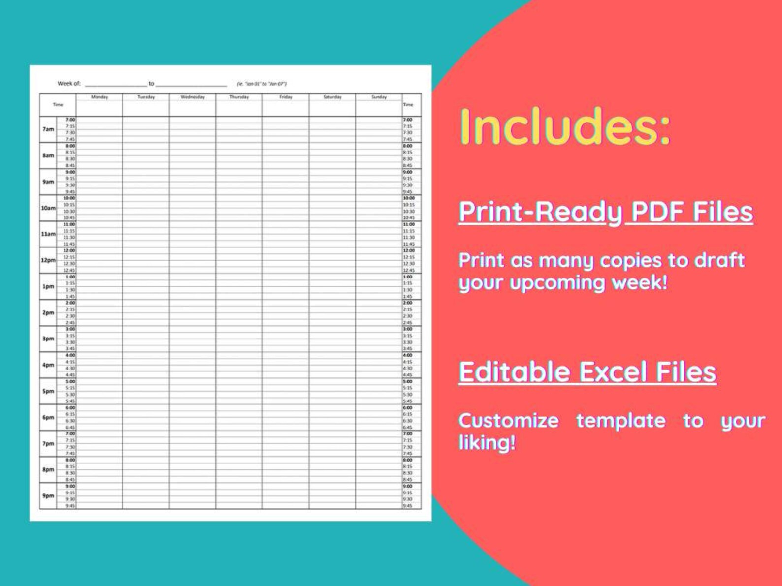 EDITABLE Weekly Planner 15 Min Interval - Weekly Hourly Calendar Agenda ...