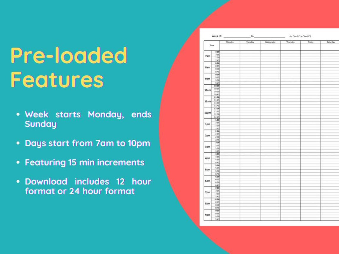 EDITABLE Weekly Planner 15 Min Interval - Weekly Hourly Calendar Agenda ...