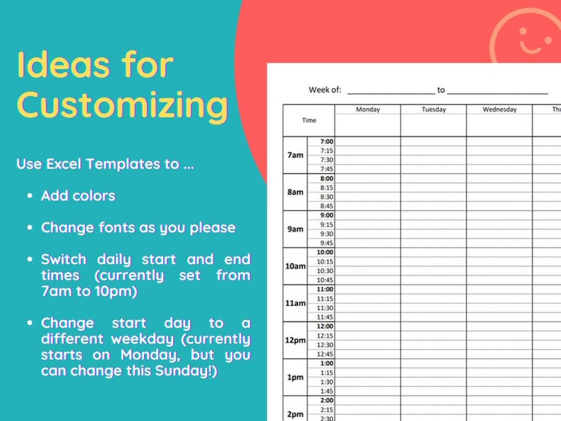 EDITABLE Weekly Planner 15 Min Interval - Weekly Hourly Calendar Agenda ...