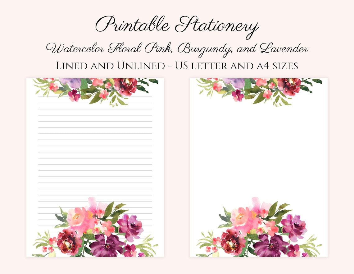 Floral Stationery Printable Stationery Pink Burgundy Lavender Roses ...