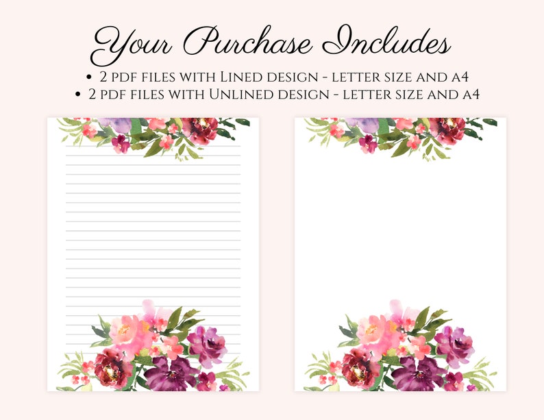 Floral Stationery Printable Stationery Pink Burgundy Lavender Roses ...