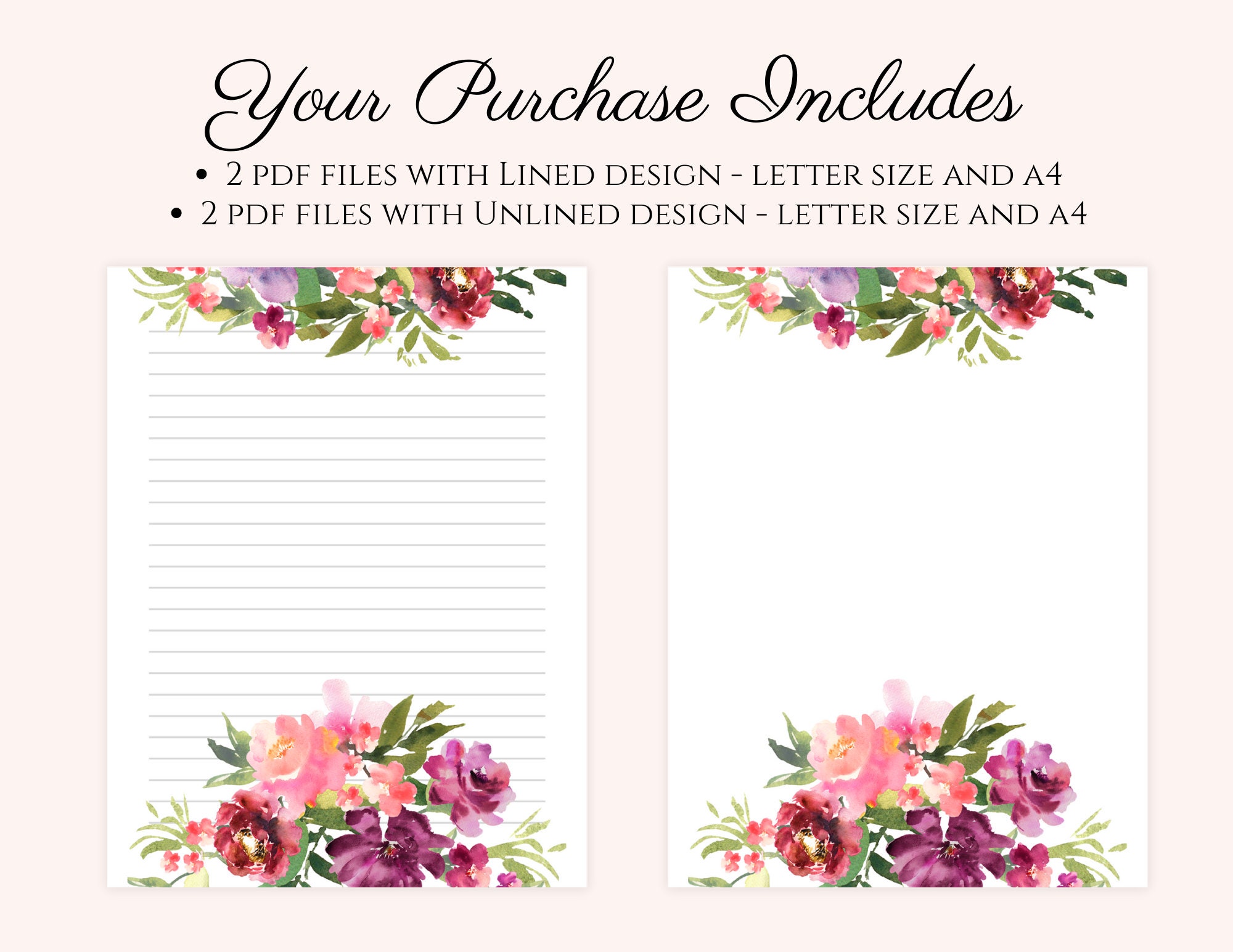 Floral Stationery Printable Stationery Pink Burgundy Lavender Roses ...