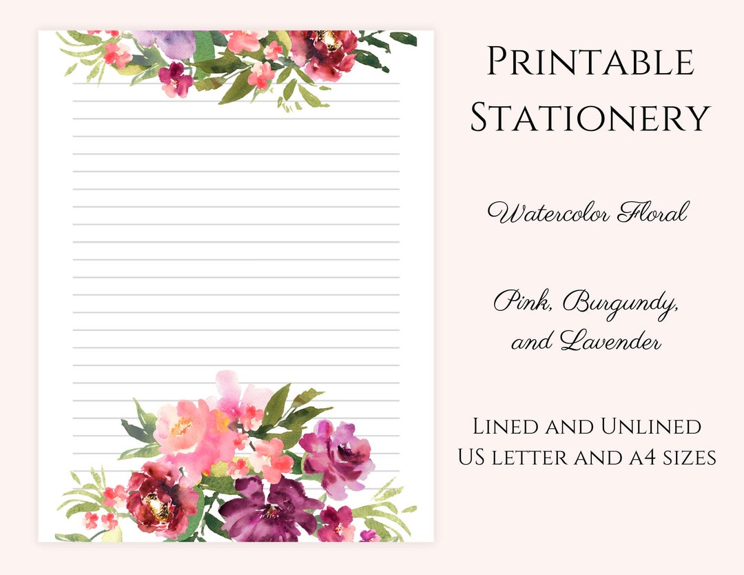 Floral Stationery Printable Stationery Pink Burgundy Lavender Roses ...