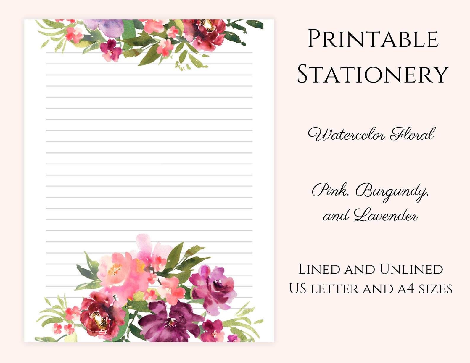 Floral Stationery Printable Stationery Pink Burgundy Lavender Roses ...