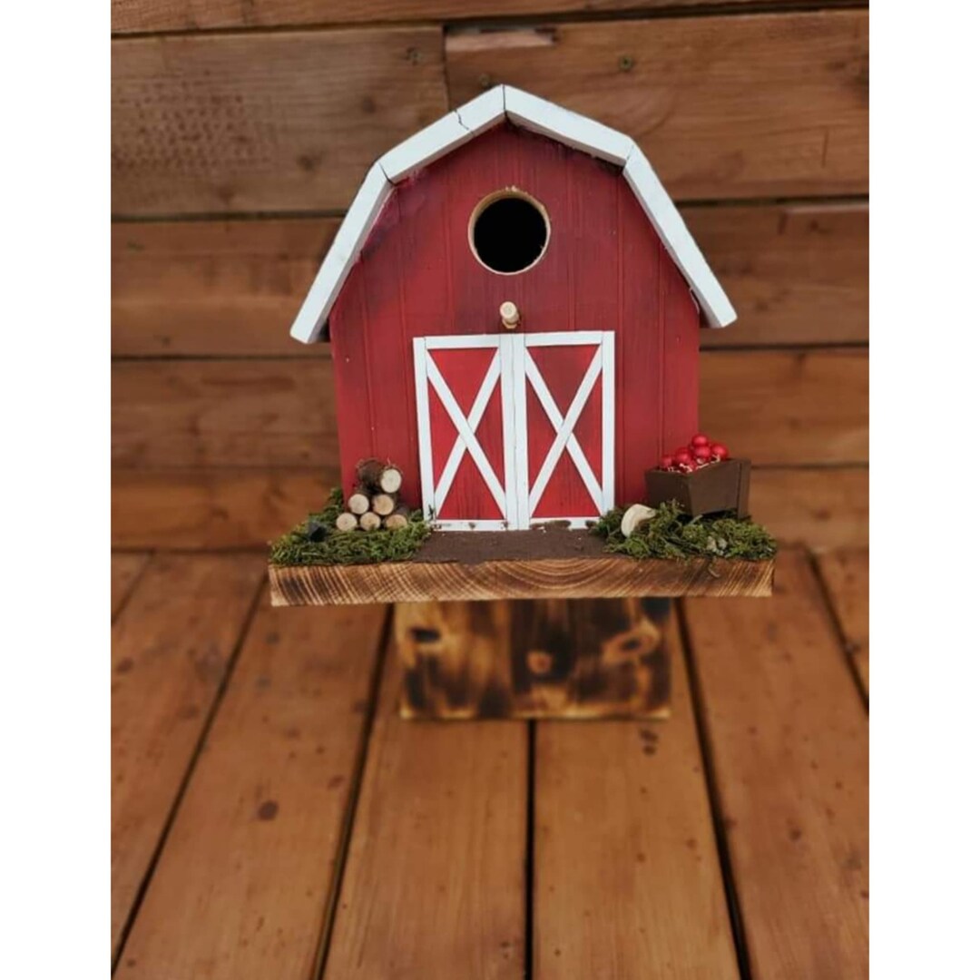 Red Barn Birdhouse, Red Barn Birdhouse With Wheelbarrow, Wood Birdhouse ...