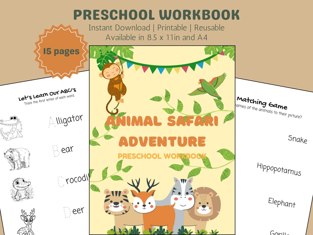 PRINTABLE Animal Safari Adventure Preschool Workbook - Fun ...
