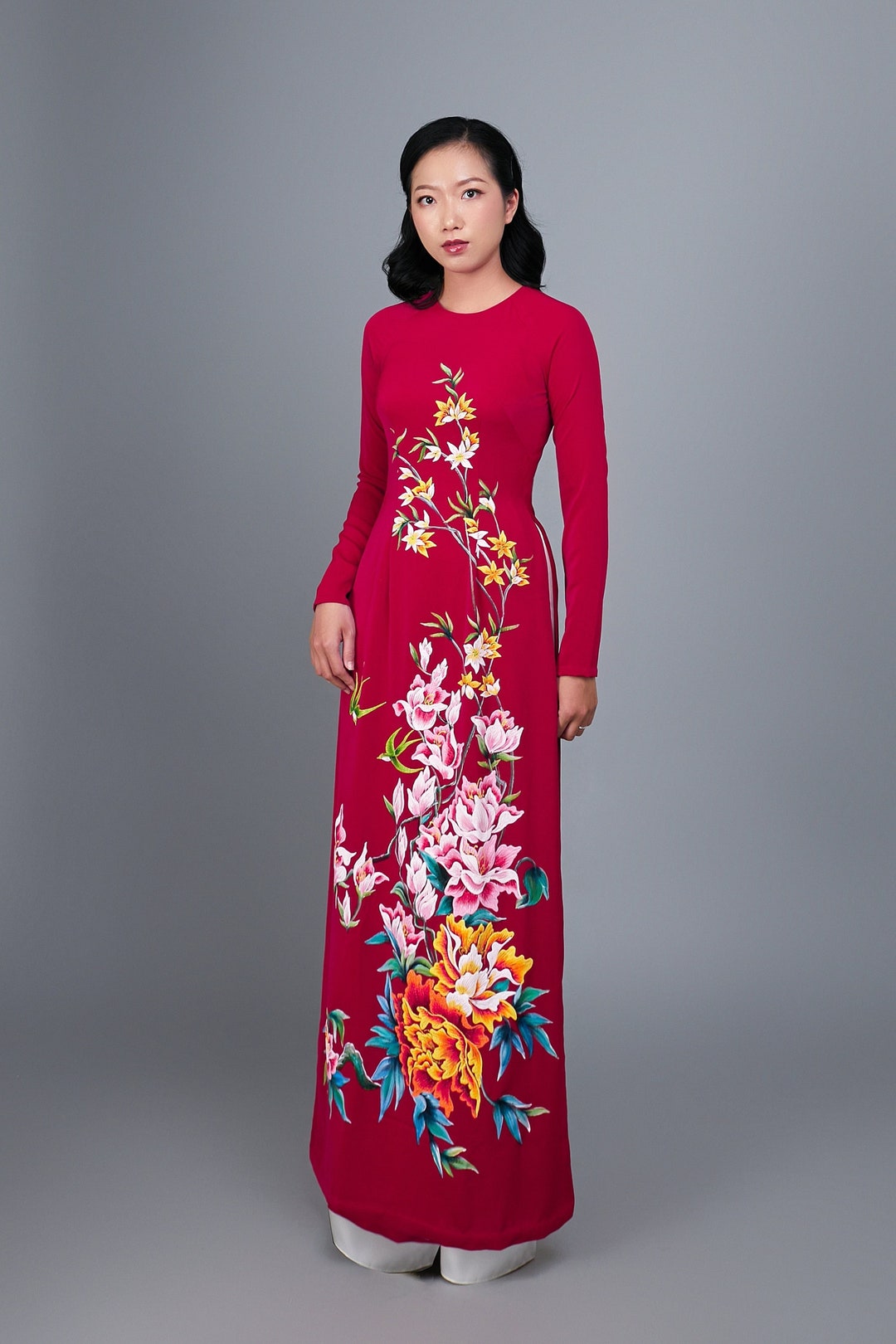 Women's Vietnamese Ao Dai Dress - Hand-painted Floral Motif on Red Silk ...