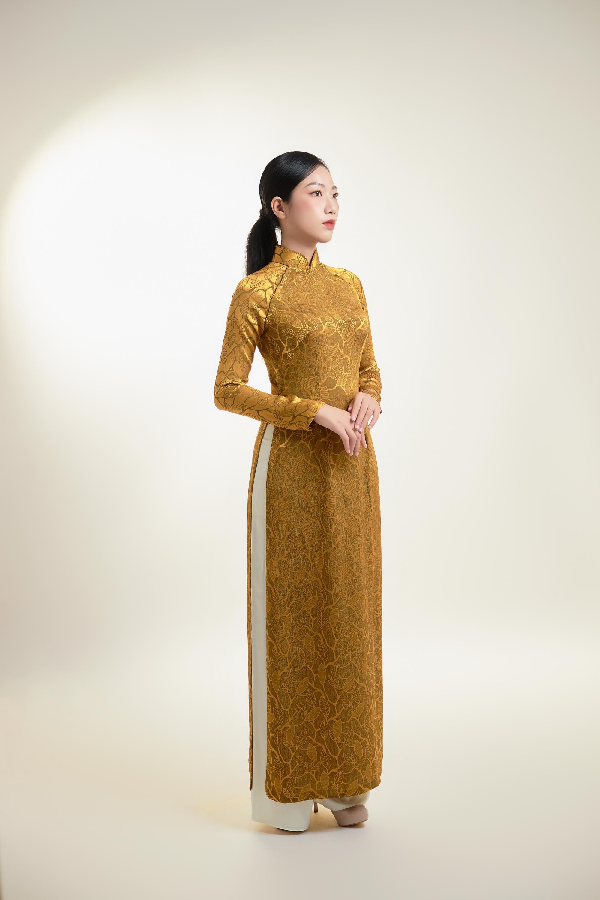 Thai Tuan Silk Brocade Ao Dai in Gold With Leaf Pattern - Etsy