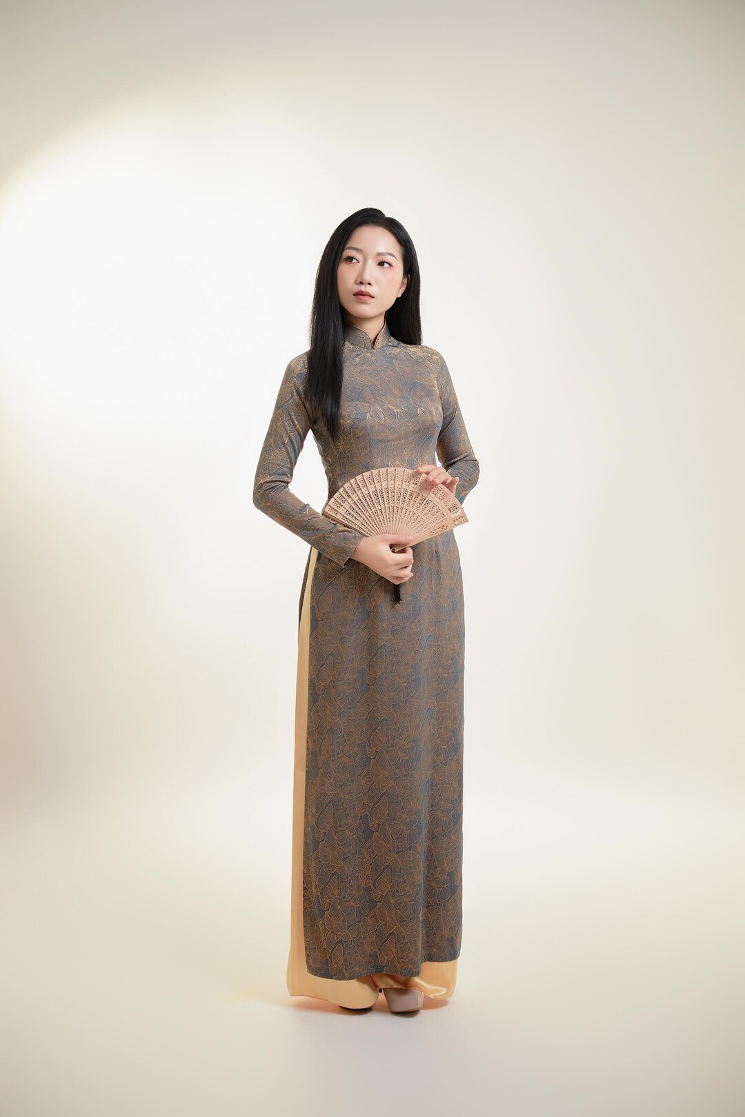 Brocade Ao Dai With Black and Gold Floral Pattern Thai Tuan Silk Fabric ...