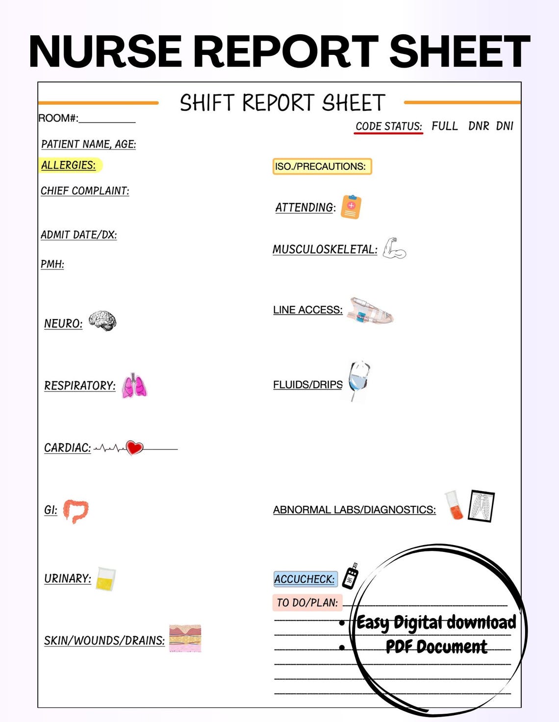 ICU/TELE Nurse Report Sheet - Digital Template, Ideal for ICU, Step ...