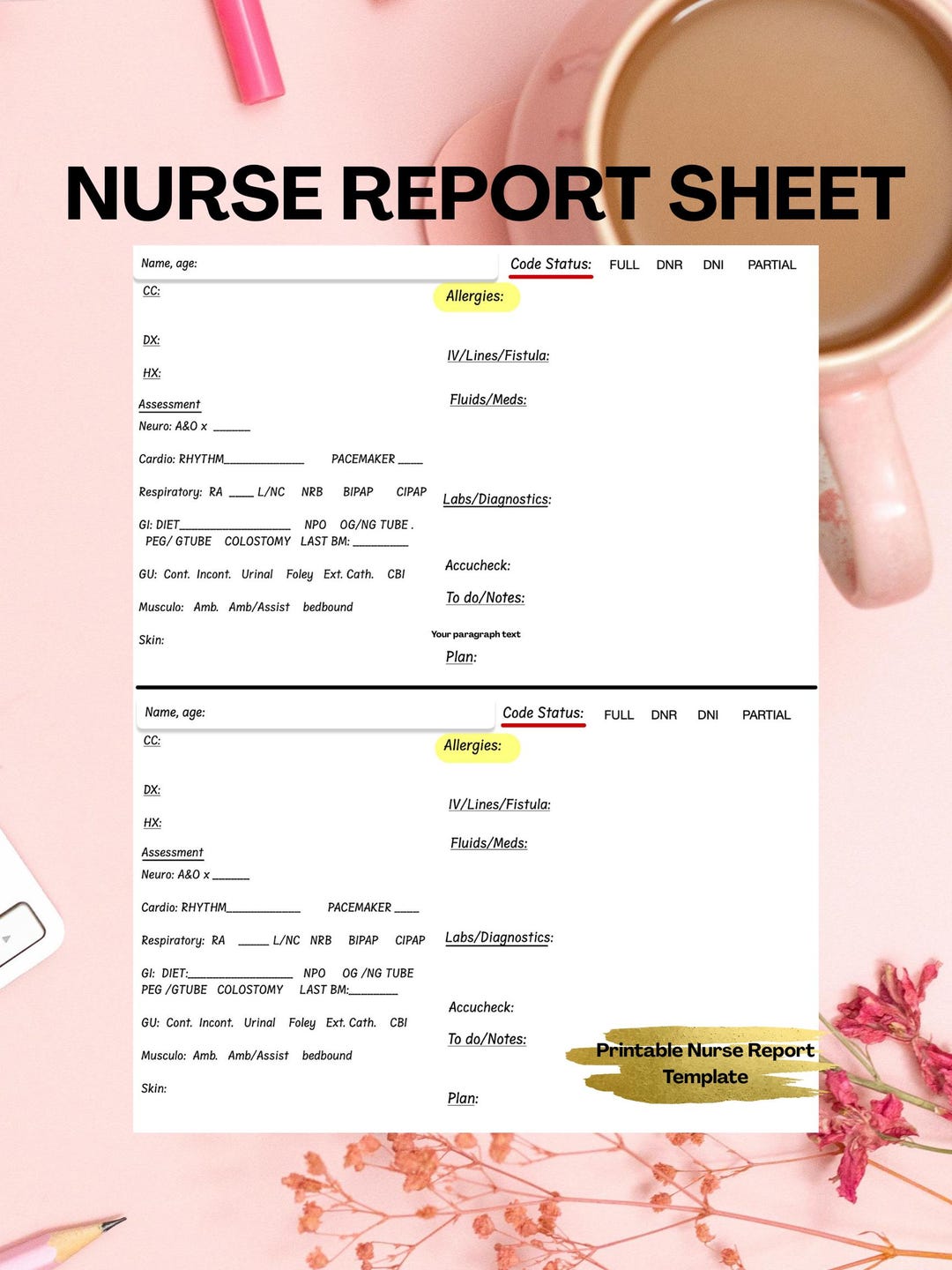 Tele Nursing Clinicals Nurse Report Sheet, Med-surg Clinicals (digital ...