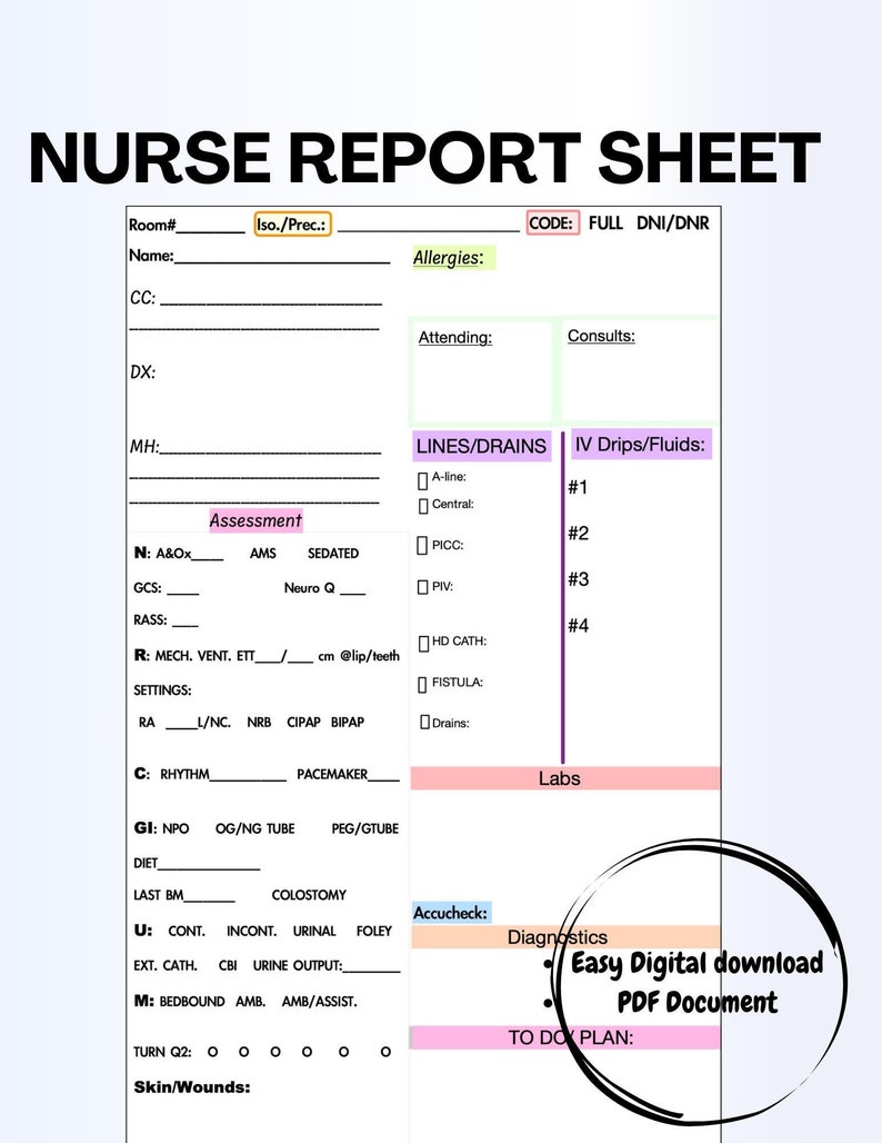 ICU Nurse Report Sheet (detailed Assessment)- Digital Download, Nurse ...