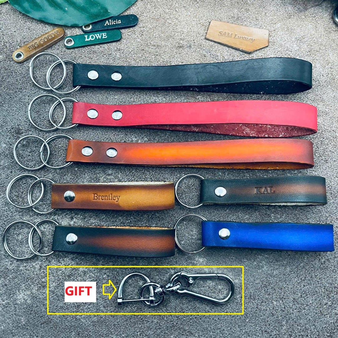 Personalised Wristlet Long Keychain Lanyard Strap Leather Keyring ...