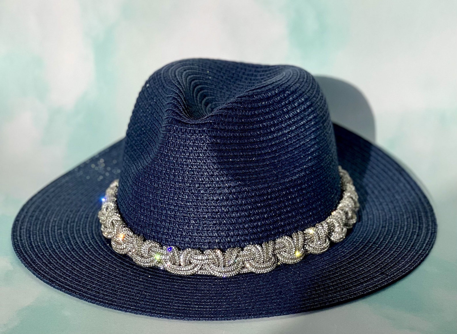Crystal Rhinestone Straw Fedora With Adjustable Band, Embellished Sun ...