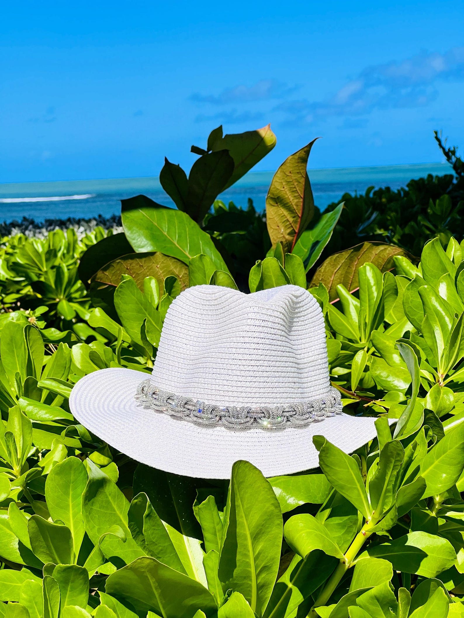Crystal Rhinestone Straw Fedora With Adjustable Band, Embellished Sun ...