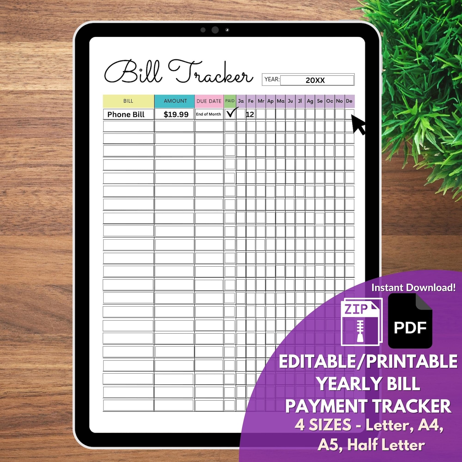 Editable Yearly Bill Tracker Printable Bill Calendar Yearly Planner ...