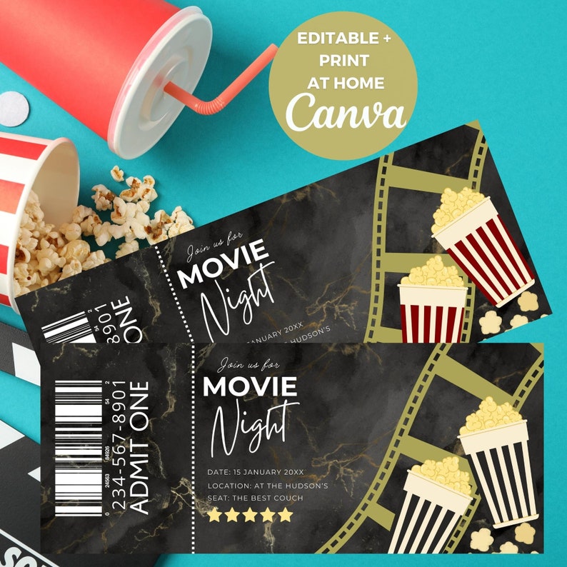 Movie Night Printable Ticket Editable Movie Night Invitations DIY Movie ...
