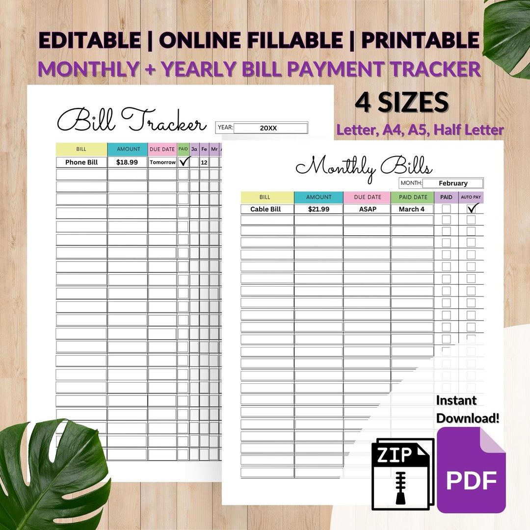 Editable Annual Budget Monthly Bill Tracker Fillable Bill Calendar ...