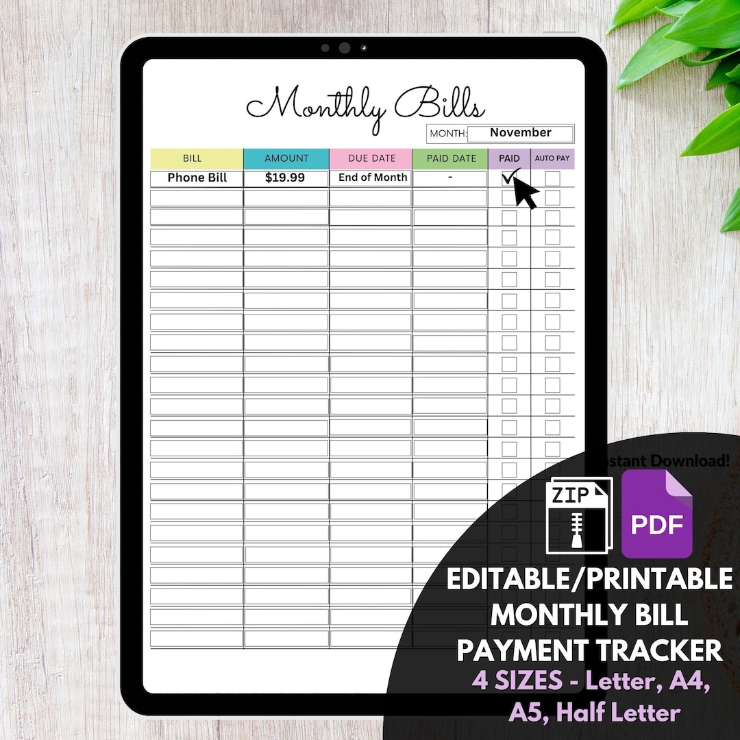Editable Monthly Bill Tracker Printable Bill Calendar Monthly Planner Budget Planner Sheets ...
