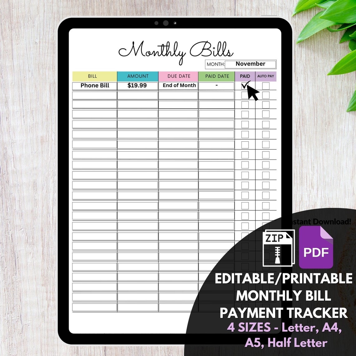 Editable Monthly Bill Tracker Printable Bill Calendar Monthly Planner ...
