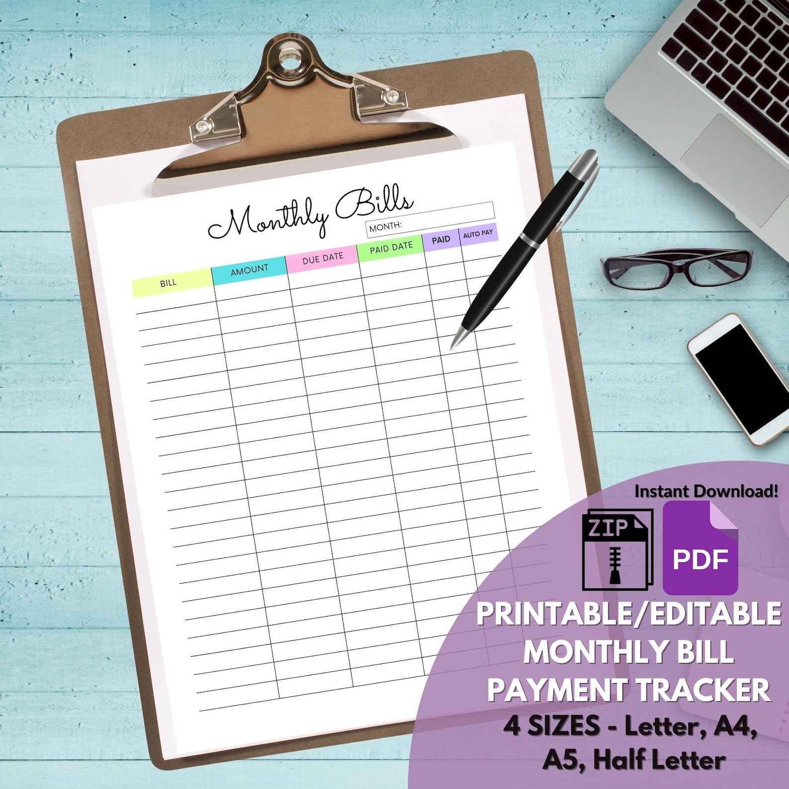 Editable Monthly Bill Tracker Printable Bill Calendar Monthly Planner Budget Planner Sheets ...