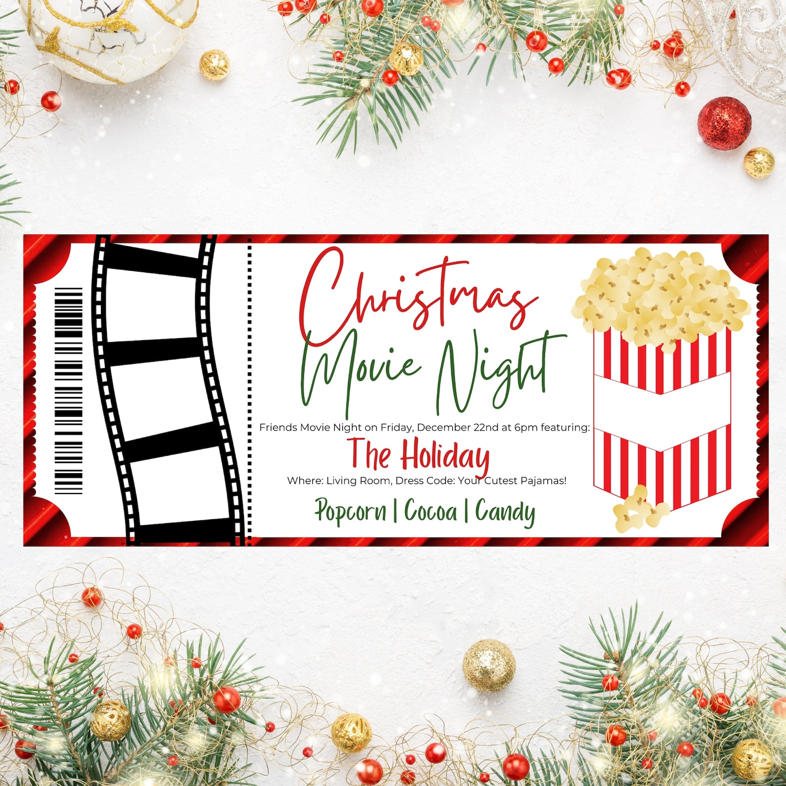 Editable Christmas Movie Night Printable Movie Night Invitations DIY ...