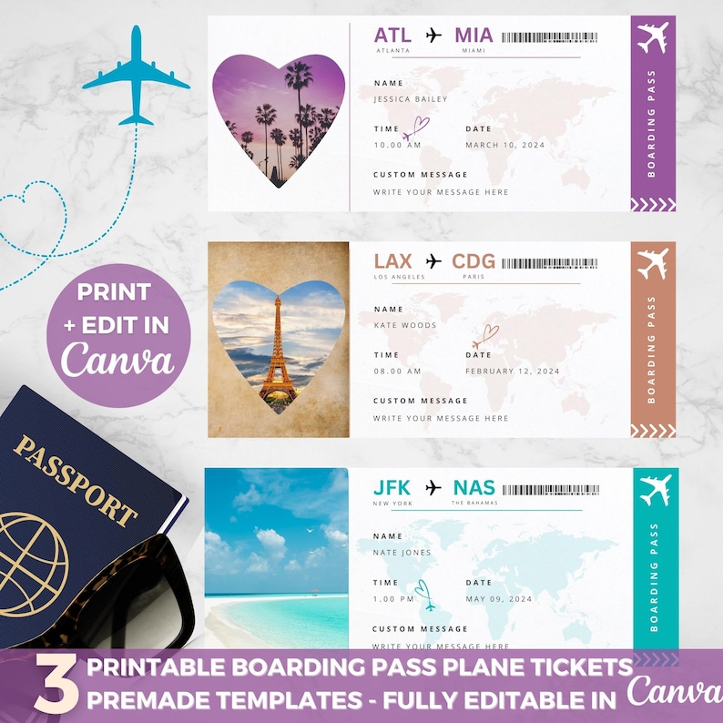 Printable Plane Ticket, Boarding Pass Editable, Printable Airline ...