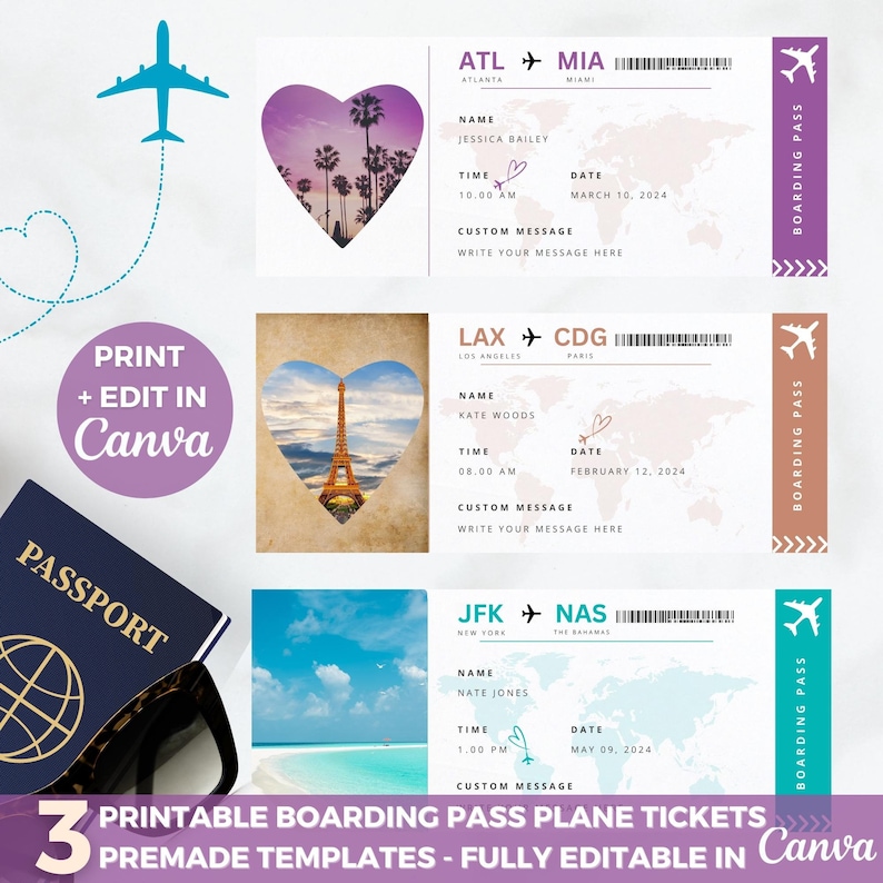 Printable Plane Ticket, Boarding Pass Editable, Printable Airline ...