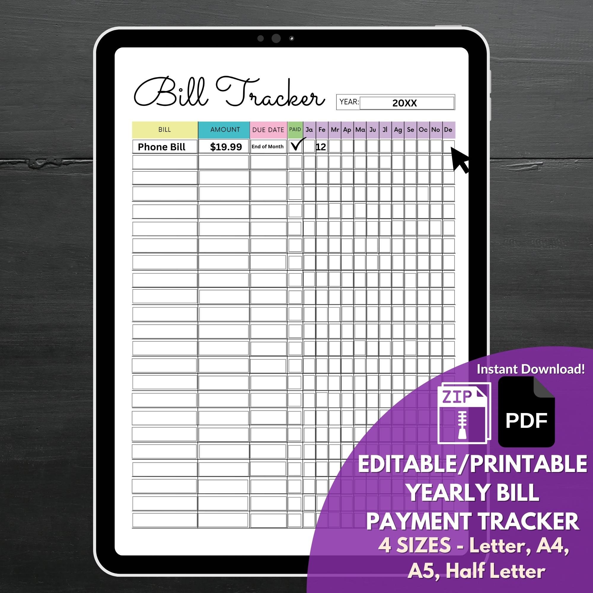 Editable Yearly Bill Tracker Printable Bill Calendar Yearly Planner ...